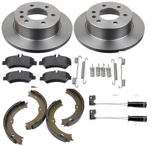 MERCEDES SPRINTER REAR BRAKE DISCS AND PADS + SENSOR HANDBRAKE SHOES F ...